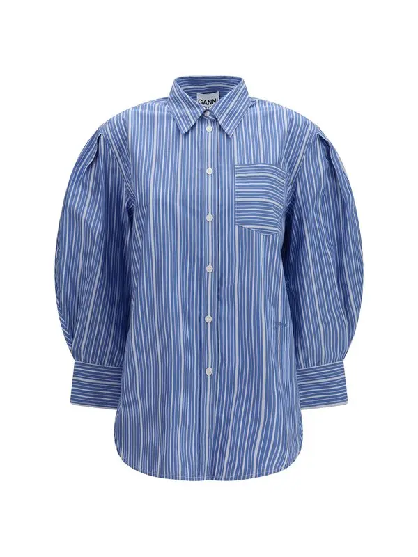 GANNI Striped Cotton Button-up Shirt - Blue