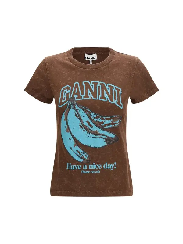 GANNI Cotton T-shirt With Banana Print - Brown
