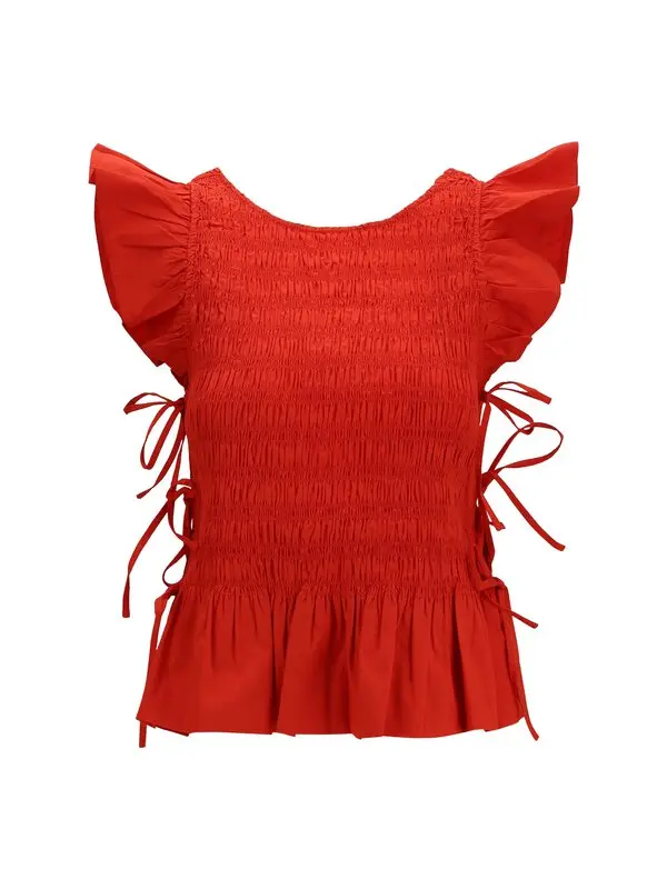 GANNI Ruched Cotton Top With Side Bows And Bell Sleeves - Red