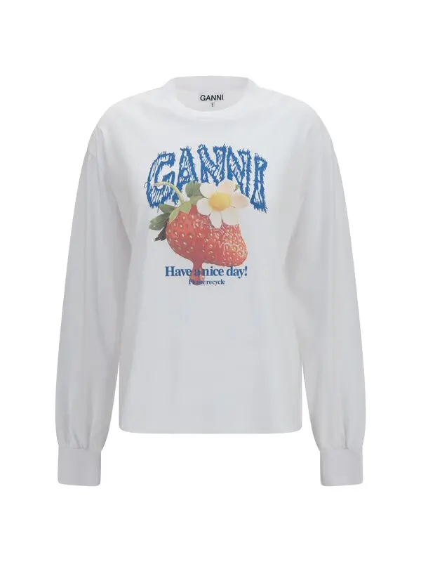 GANNI Strawberry Graphic Long Sleeve Cotton T-shirt - White