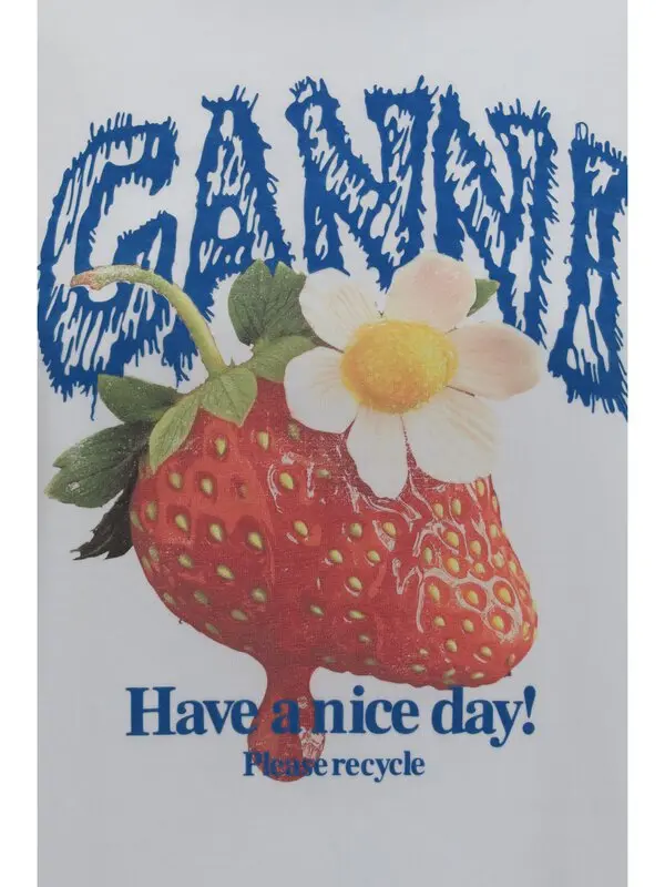 GANNI Strawberry Graphic Long Sleeve Cotton T-shirt - White
