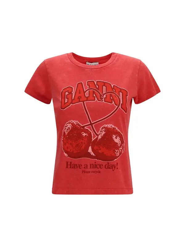 GANNI Have A Nice Day! Please Recycle" Cherry Graphic T-shirt - Red