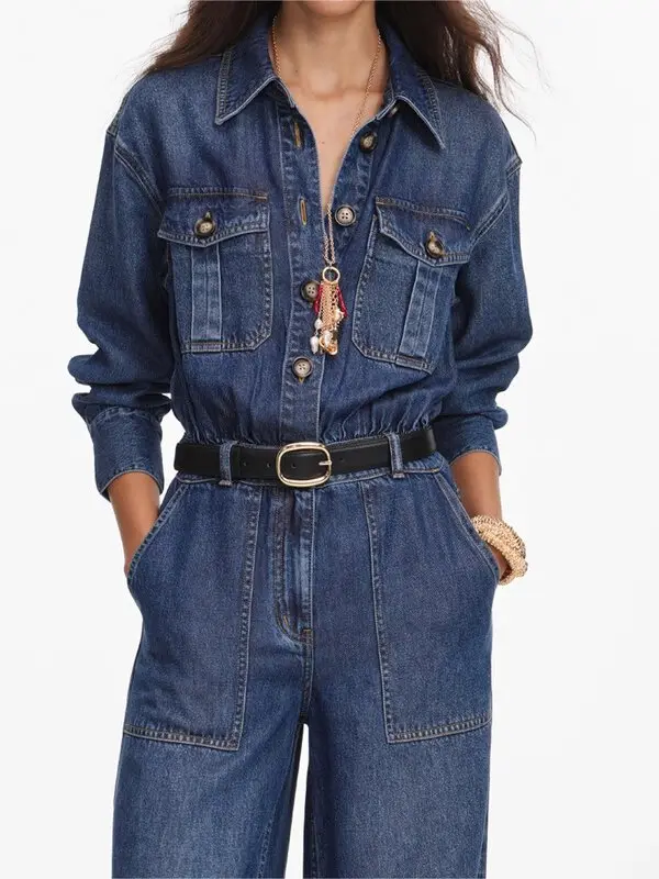 SELF-PORTRAIT Long Sleeve Denim Jumpsuit