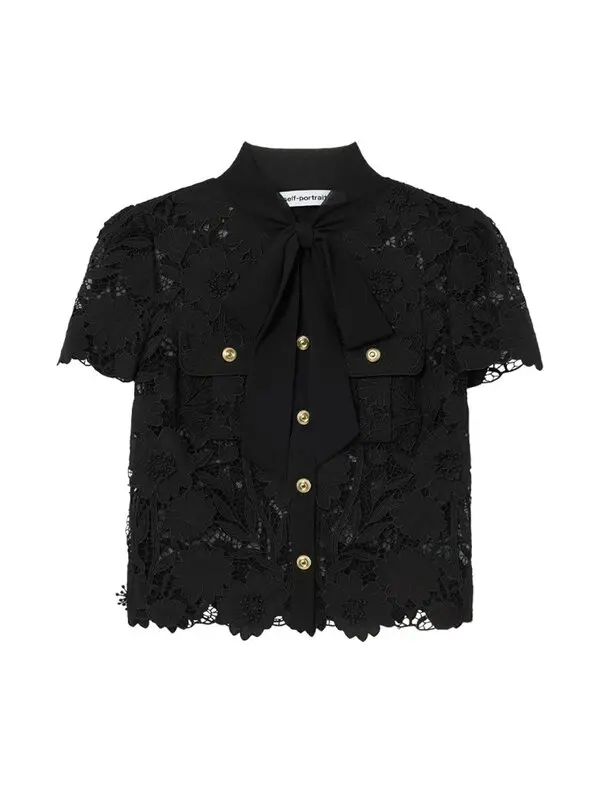 SELF-PORTRAIT Lace Tie Neck Top - Multicolor
