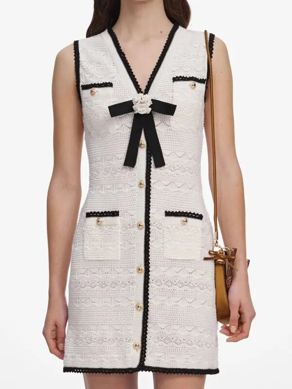 SELF-PORTRAIT Sleeveless Knit Mini Dress With Bow Detail