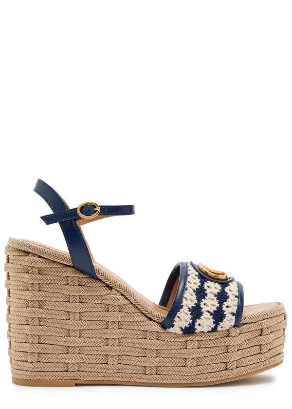 Valentino Garavani Vlogo Striped-knit And Leather Platform Espadrilles
