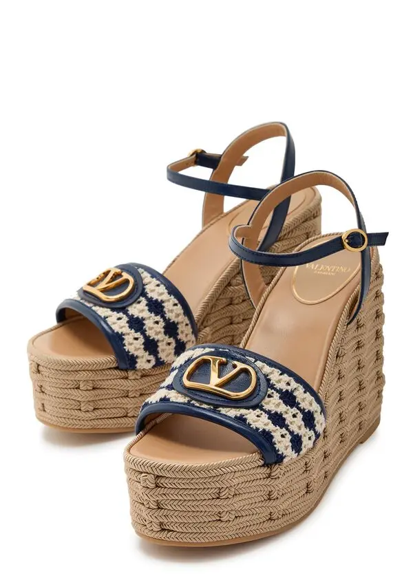 Valentino Garavani Vlogo Striped-knit And Leather Platform Espadrilles