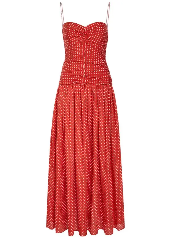Matteau Polka Dot Gathered Cotton-blend Midi Dress - Red