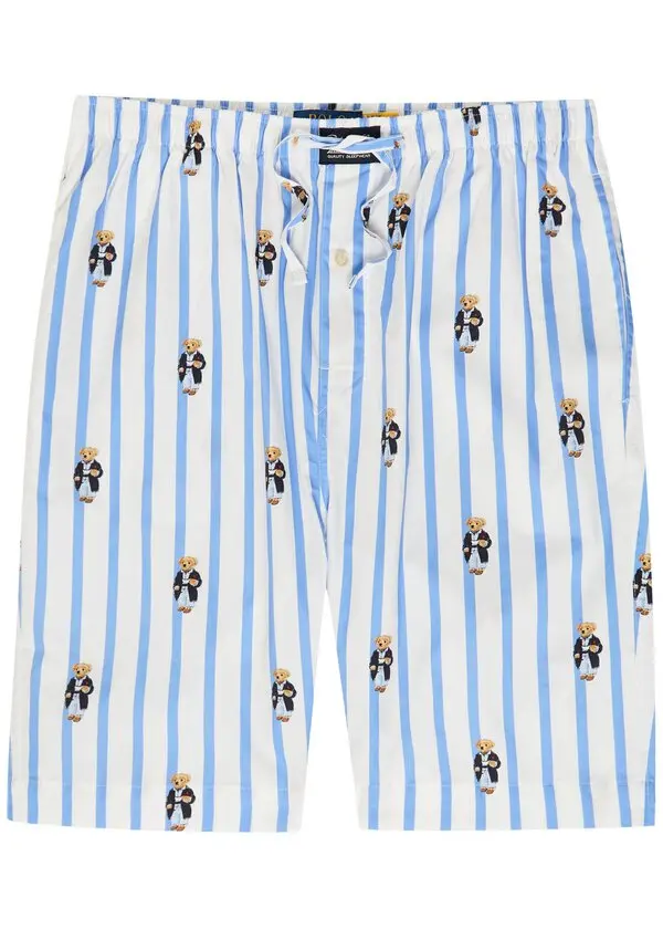 Polo Ralph Lauren Striped Cotton Poplin Sleep Shorts With Bear Print - Blue