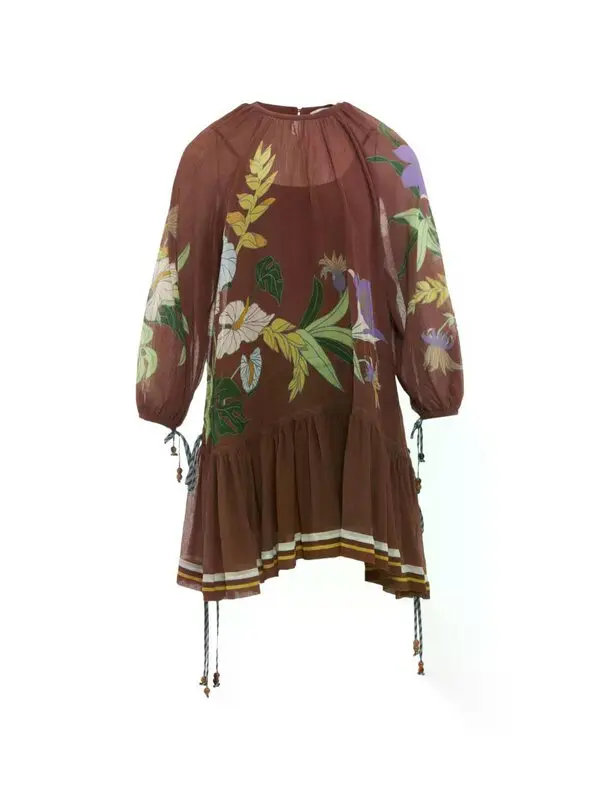 ALEMAIS Floral Print Ruffled Mini Dress - Brown