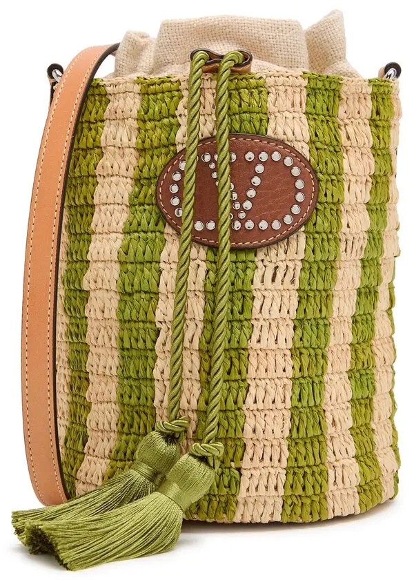 Valentino Garavani Small Striped Leather And Raffia Bucket Bag - Green