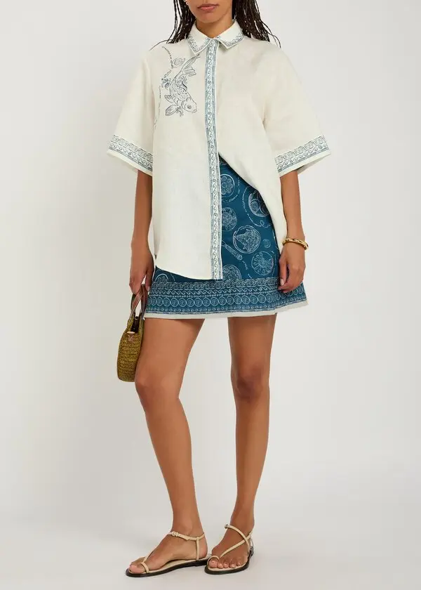 ALEMAIS Printed Linen Mini Skirt - Blue