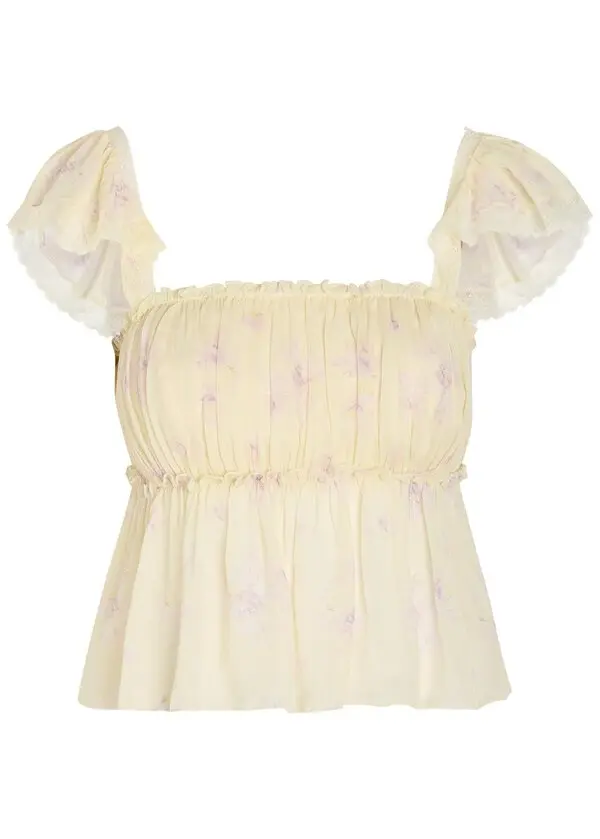 LoveShackFancy Siena Floral-print Georgette Top - Yellow