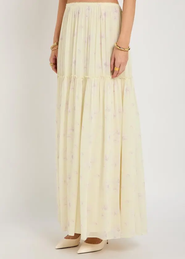 LoveShackFancy Positano Floral Print Georgette Maxi Skirt - Yellow