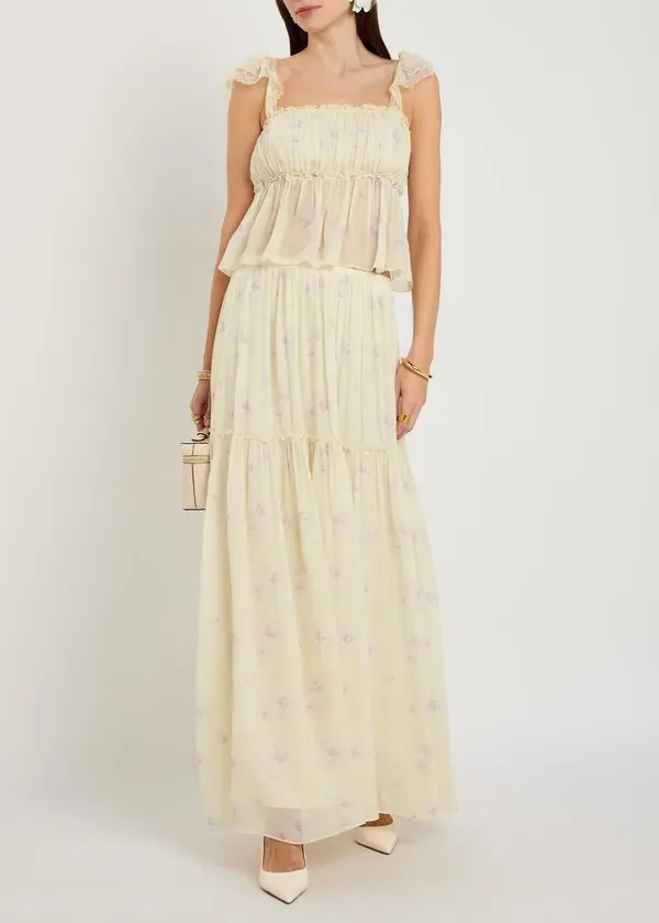 LoveShackFancy Positano Floral Print Georgette Maxi Skirt - Yellow