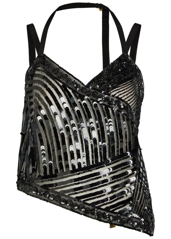 Emilio Pucci Sequin Embellished Tulle Halterneck Top - Black