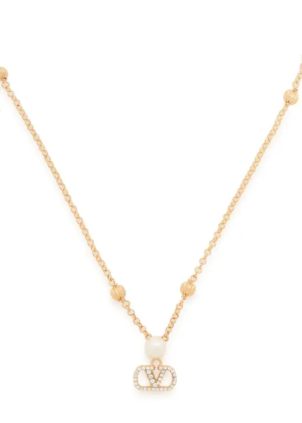 Valentino Garavani Vlogo Signature Crystal And Pearl Necklace - Gold