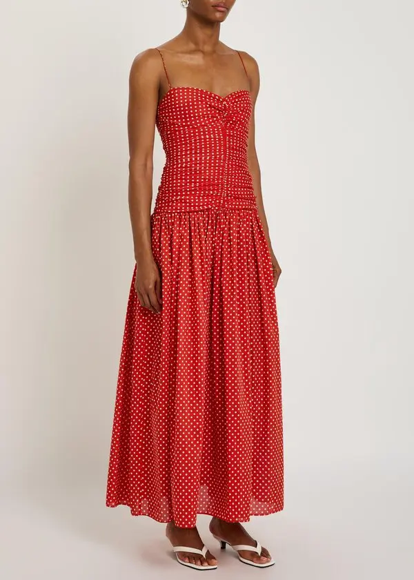 Matteau Polka Dot Gathered Cotton-blend Midi Dress - Red