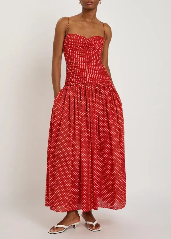 Matteau Polka Dot Gathered Cotton-blend Midi Dress - Red