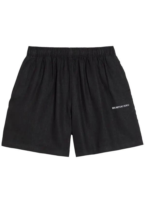 MKI MIYUKI ZOKU Logo Embroidered Linen Swim Shorts - Black