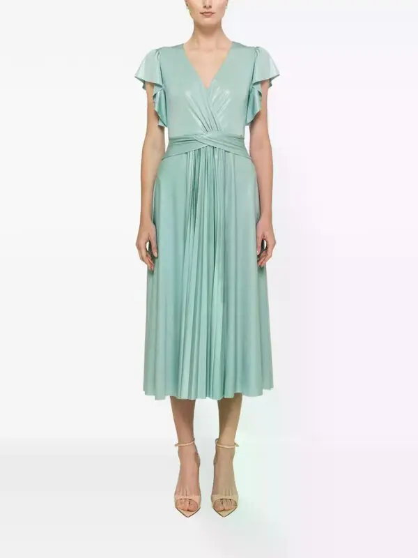 NISSA Glossy Effect Ruffled Midi Dress - Green