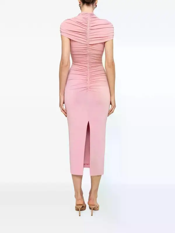 NISSA Ruched Mock Neck Midi Dress