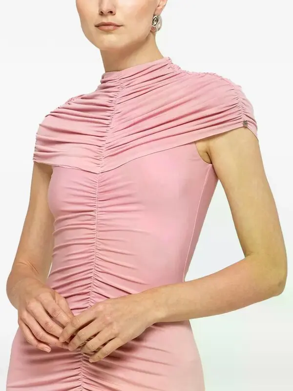 NISSA Ruched Mock Neck Midi Dress