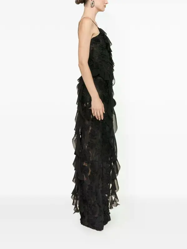 NISSA 3d Floral Embroidered Ruffled Top - Black