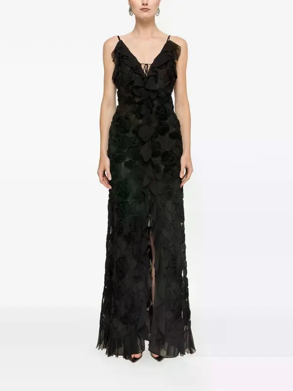 NISSA Floral Embroidered Ruffled Maxi Dress - Black