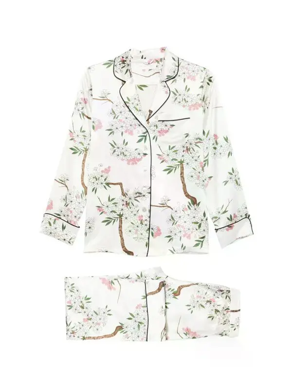Olivia Von Halle Floral-print Silk Pajamas - White