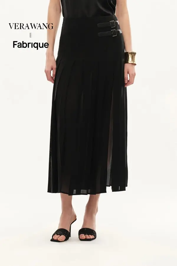 Fabrique Citadel Leather Tabs Side-slit Pleated Midi Skirt - Black