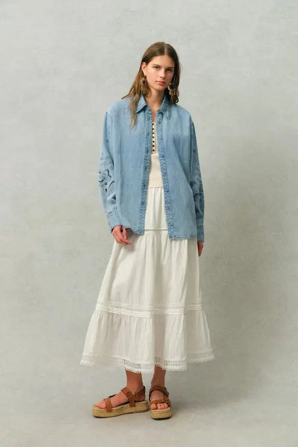 Fabrique Vinetta Embroidered Shirt In Cotton Linen Denim