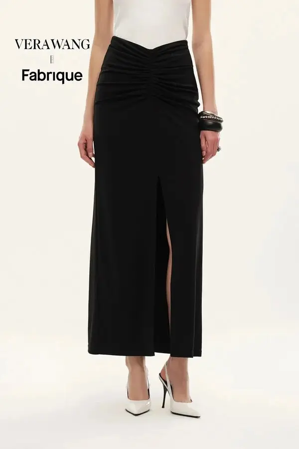Fabrique Ruched Slit Midi Skirt - Black