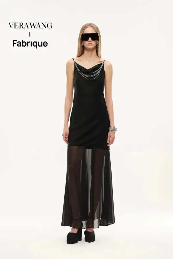 Fabrique Wraith Metallic Embellished Slip Dress In Wool - Black