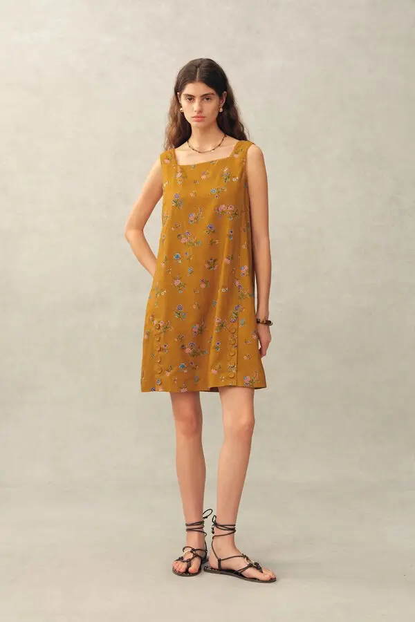 Fabrique Mary Floral Square Neck Sleeveless Linen Blend Dress - Orange