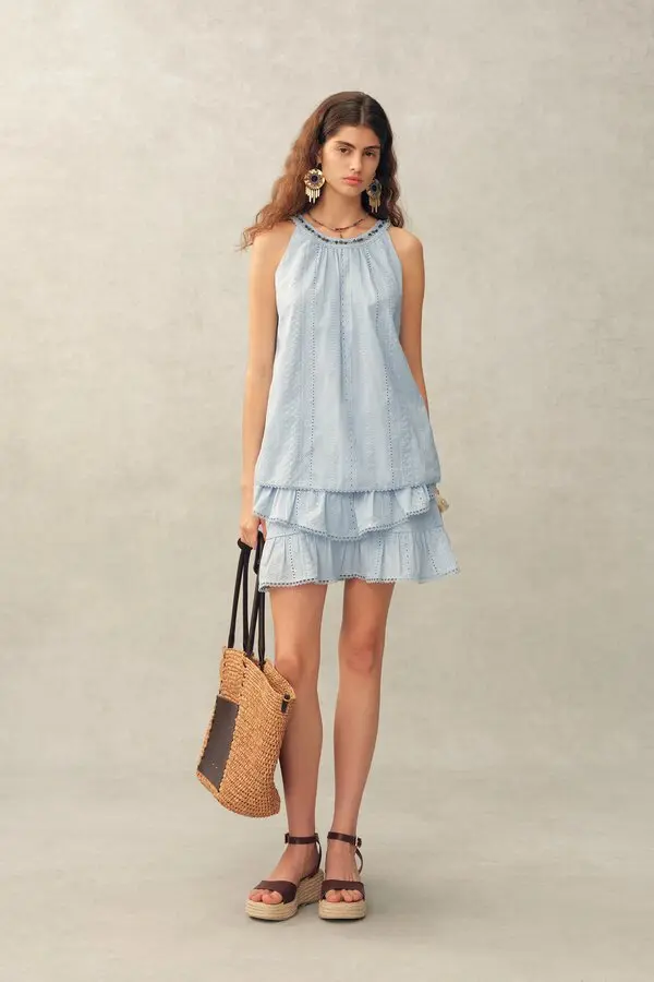 Fabrique Halter Neck Cotton Top With Natural Stone Accents - Blue