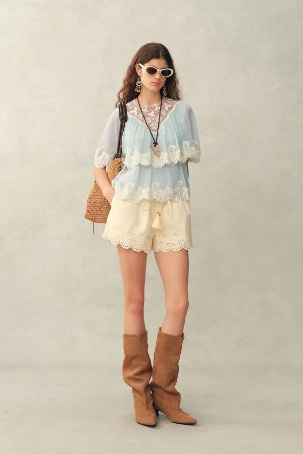 Fabrique Sophia Lace Embroidery Summer Cape Blouse - Blue