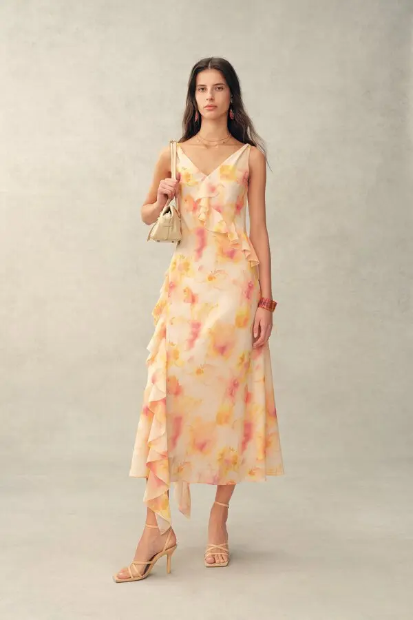 Fabrique Linda Handpainted Floral Ruffle Sleeveless Dress - Multicolor