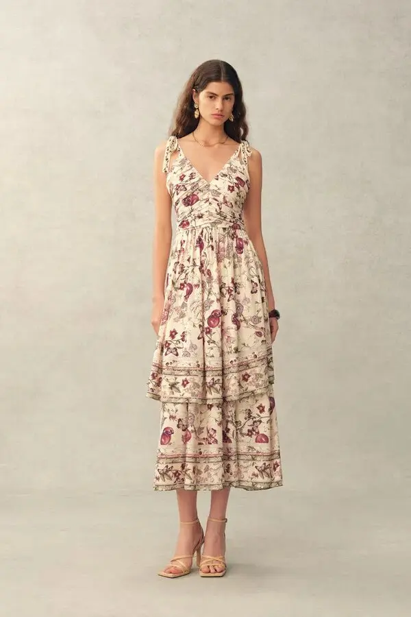 Fabrique Seraphina Pomegranate Print Linen Blend Midi Dress - Multicolor