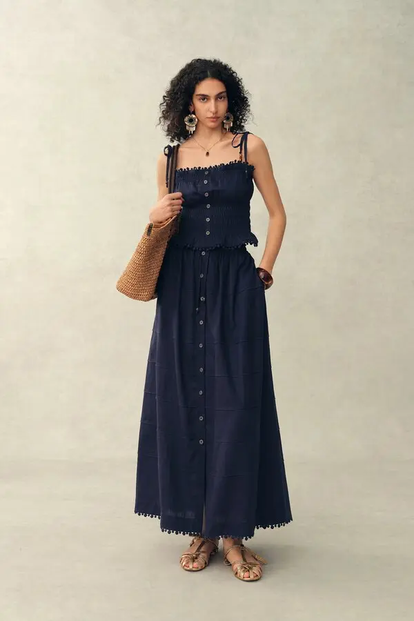 Fabrique Siena Smocked Bandeau Top And Maxi Skirt Set In Linen Blend - Blue