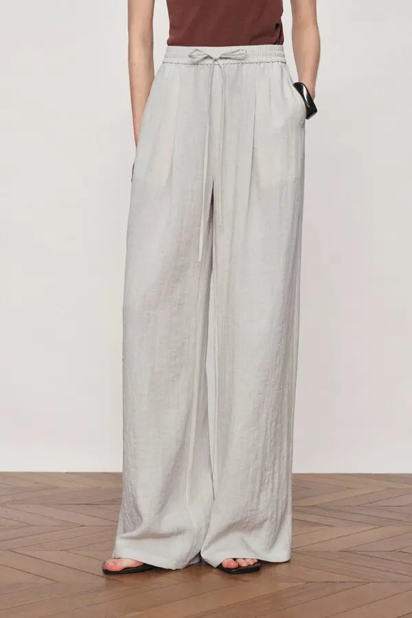 Fabrique Eva Ivory Ruched Drawstring Wide Leg Pants - Grey