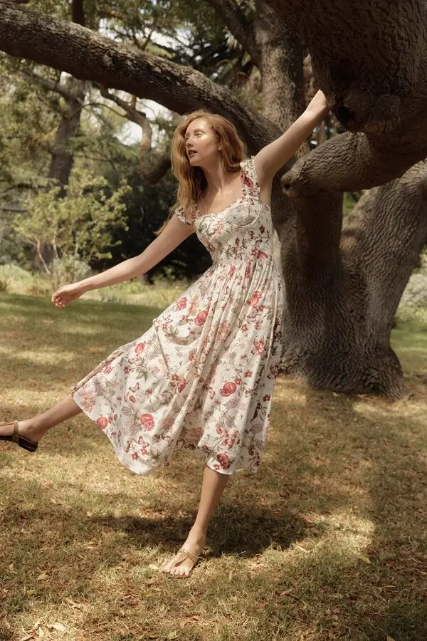 Fabrique Ria Smocked Pomegranate Print Linen Blend Strap Dress - Multicolor