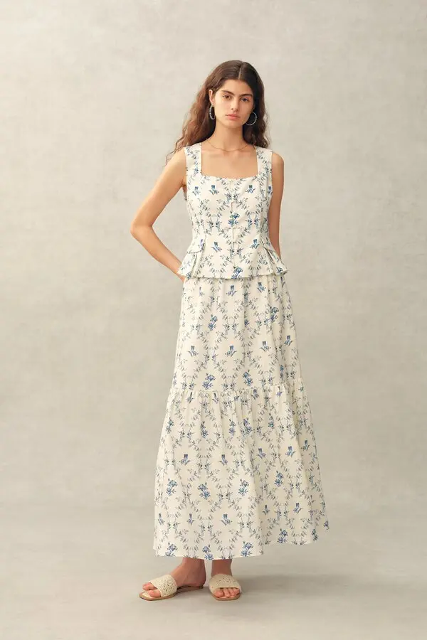 Fabrique Elara Pleated Floral Square Neck Sleeveless Top And Skirt Set - Multicolor