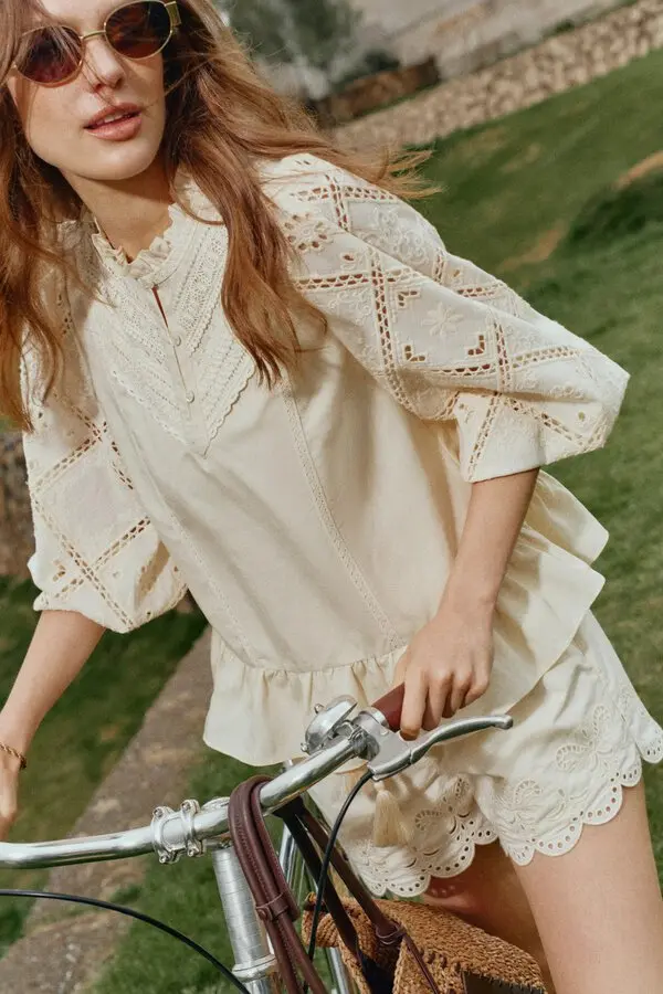 Fabrique Nina Openwork Embroidery Cotton Jacquard Blouse - Yellow