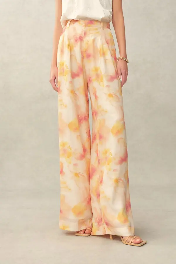 Fabrique Bella Handpainted Floral Silk Double Crepe Wide Leg Pants - Multicolor
