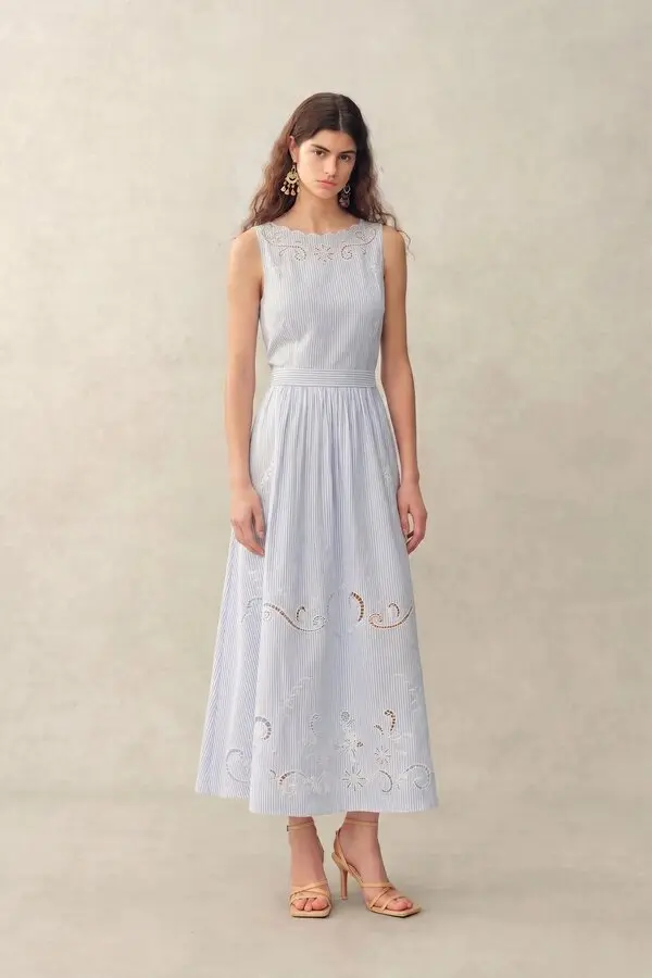 Fabrique Gracie Striped Embroidered Sleeveless Dress - Blue