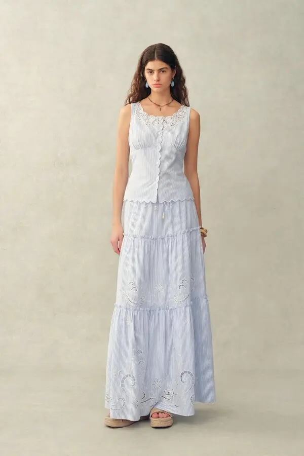 Fabrique Sleeveless Striped Embroidered Cami Top And Tiered Skirt Set - Blue