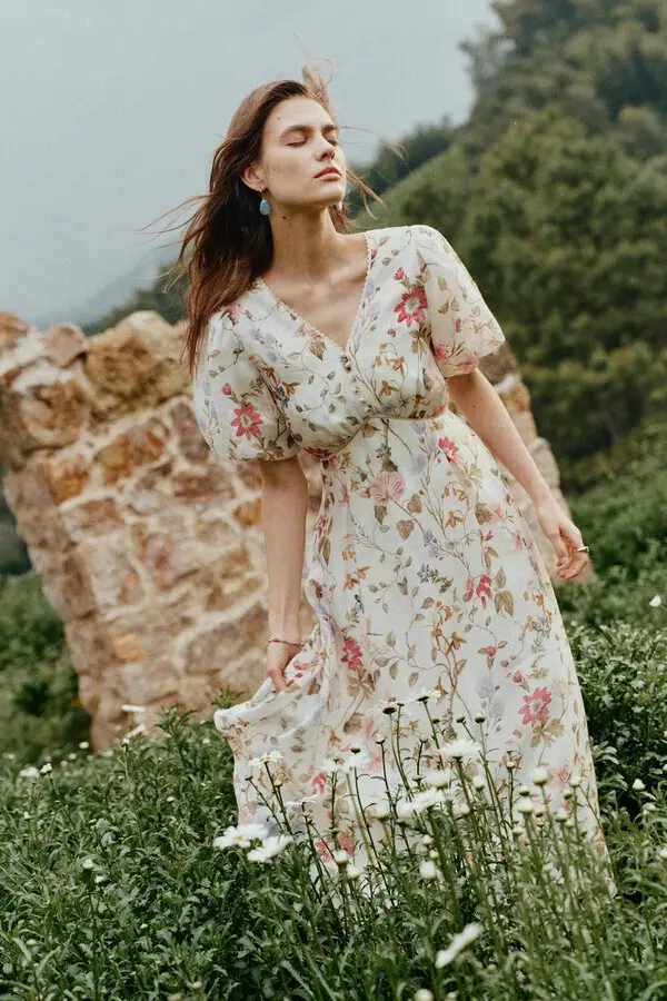 Fabrique Willa Floral Print Silk Linen Organza Puff Sleeve Dress - Multicolor