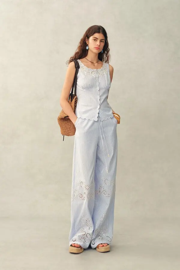 Fabrique Striped Embroidered Sleeveless Lace Trim Cami Top And Pants Set In Crinkled Cotton - Blue