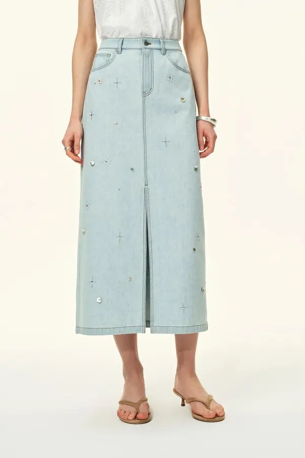 Fabrique Delia Handwork Beading Midi Skirt - Blue
